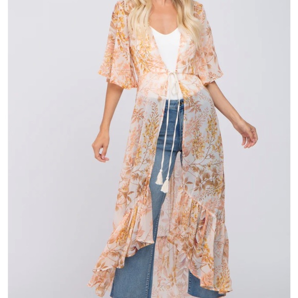 Pinkblush | Tops | Beige Floral Chiffon Front Tie Ruffle Hilow Cover Up ...